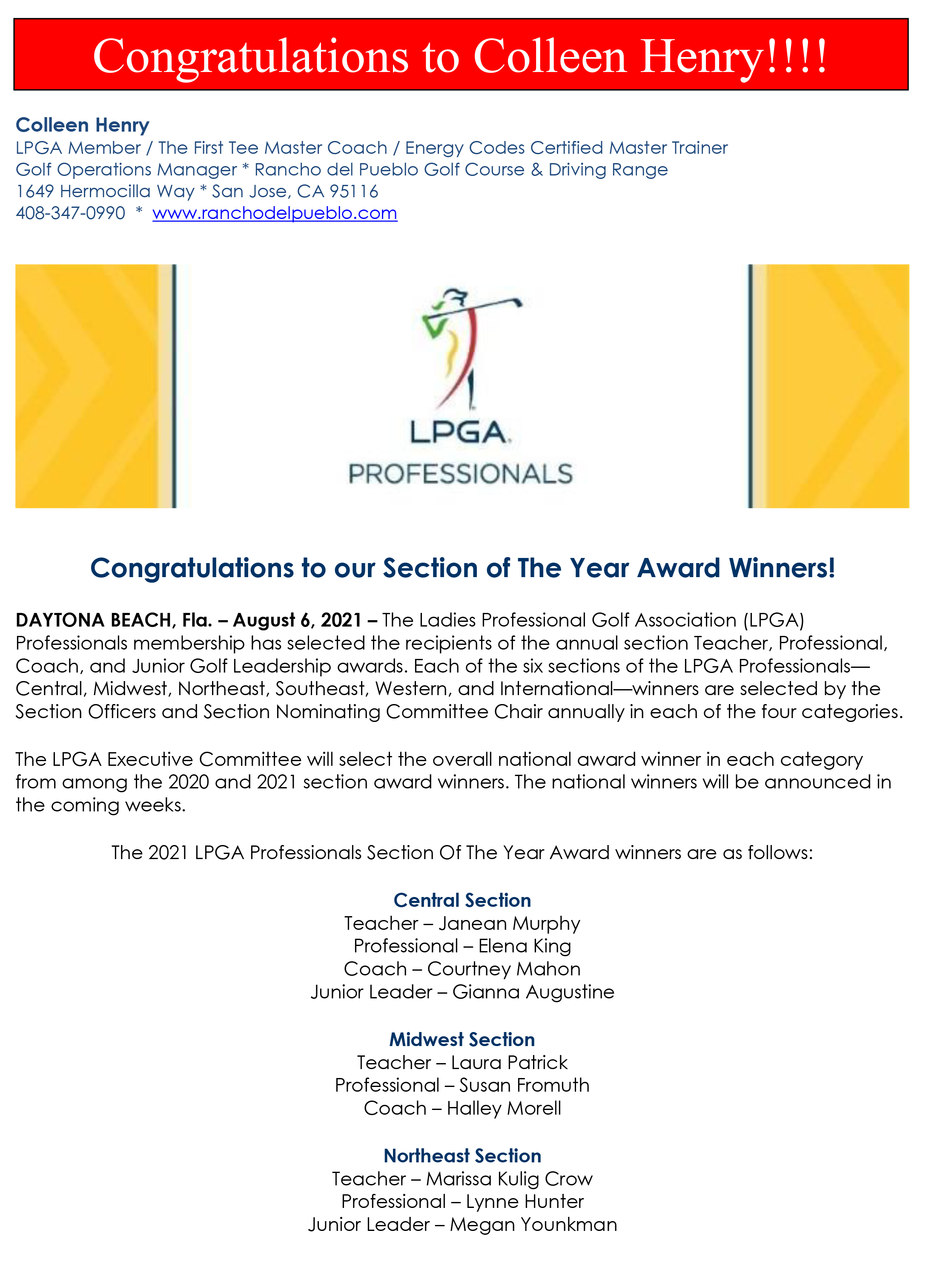 Colleen Henry Selected as Western Section LPGA Professional of the year!